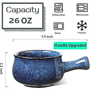 vicrays French Onion Soup Bowls With Handles, 26 Ounce for Soup, Chili, Beef Stew, Chip Resistant, Dishwasher Microwave Safe, Set of 4 (Strary Blue)