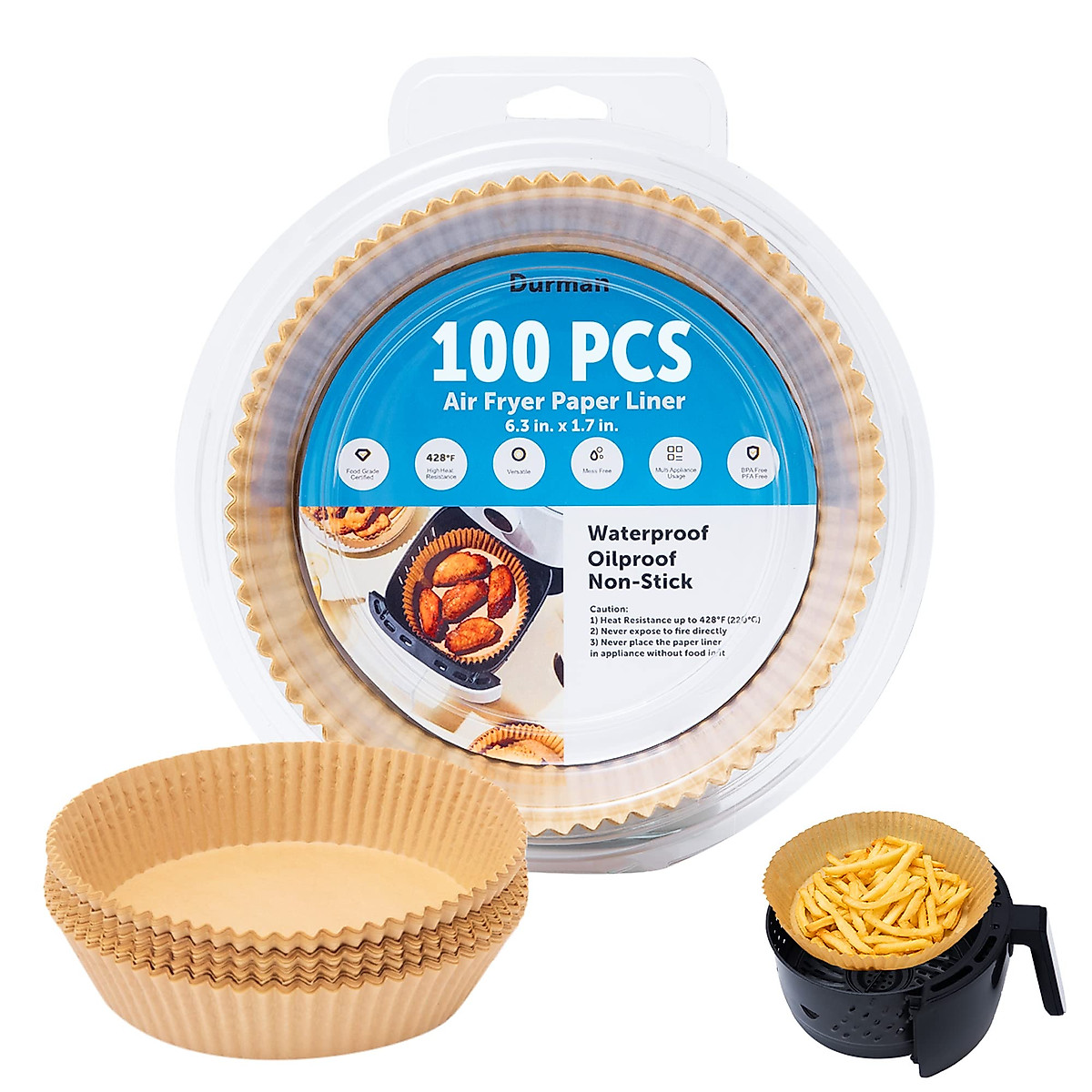 Durman Air Fryer Disposable Paper Liner: (100 PCS) 2-5QT Parchment Insert Nonstick Sheets For Oil and Waterproof Baking Cooking, Round Basket Accessories Pressure Cooker, Oven, Microwave, Tan