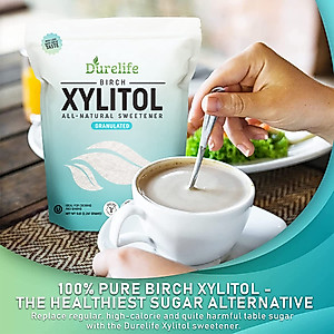 DureLife XYLITOL Sugar Substitute 5 LB Bulk (80 OZ) Made From 100% Pure Birch Xylitol NON GMO - Gluten Free - Kosher, Natural sugar alternative, Packaged In A Resealable zipper lock Stand Up Pouch Bag