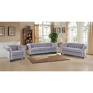 RARZOE 3 Pieces of Living Room Furniture Sofa Sets, Modern Velvet Chesterfield Sofa&Chesterfield Club Chair&Chesterfield Loveseat Sofas Set with Nailhead Trim Scroll Arms for Living Room(Grey)