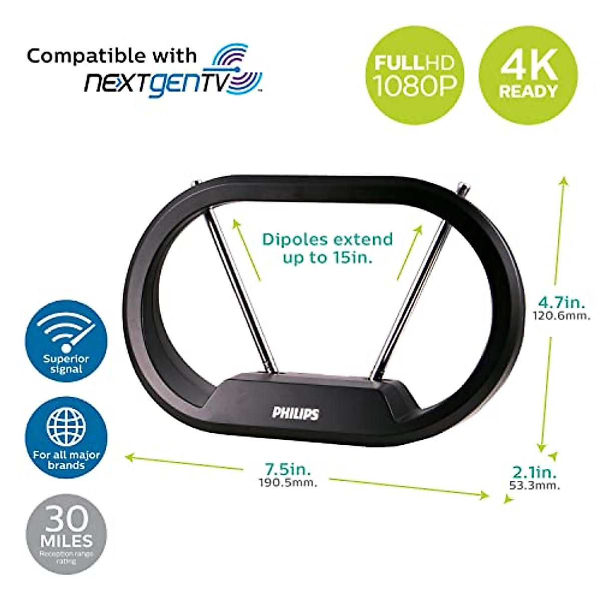 Philips Modern Loop Rabbit Ears Indoor TV Antenna, 15 inch Extendable Dipoles, 4K 1080P VHF UHF, Tabletop Antenna, Digital HDTV Antenna, Smart TV Compatible, 4ft Coaxial Cable, Black, SDV7114A/27