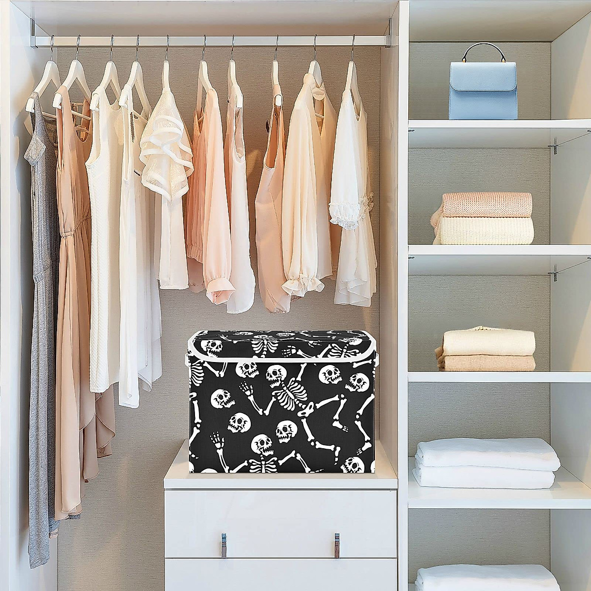 CaTaKu Skull Black Storage Bins with Lids,Halloween Fabric Large Storage Container Cube Basket with Handle Decorative Storage Boxes for Organizing Clothes Shelves