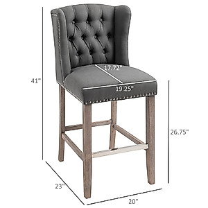 HOMCOM Counter Height Bar Stools Set of 2, Upholstered 26.75" Seat Height Barstools, Breakfast Chairs with Nailhead-Trim & Tufted Back, Wood Legs, Deep Grey