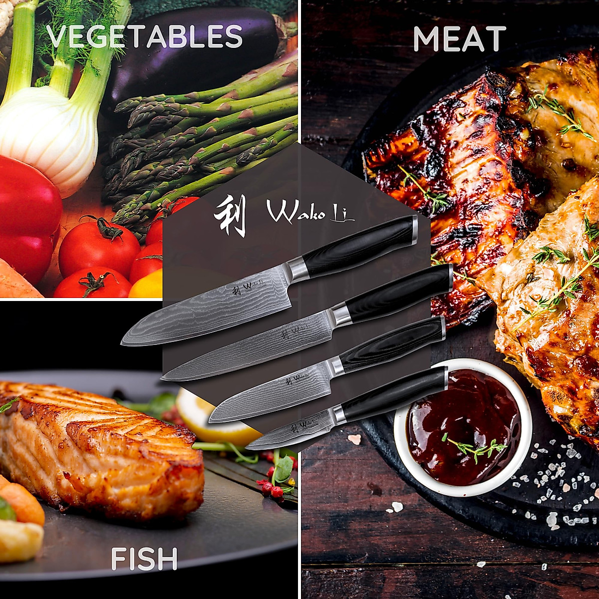 Wakoli 4 Piece Professional Damascus Kitchen Knife Set, Made of 67 Layers of Genuine Damascus Steel with VG10 Core, Chef's Knives Set with Ergonomic Micarta Handles for Precision and Comfort (MIK)