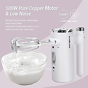 BAIGELONG Hand Mixer Electric, 500W Ultra Power Handheld Mixer with Continuously Variable Speed Control, 5 Stainless Steel Accessories Kitchen Mixer for Baking, Dishwasher Safe, White Silver