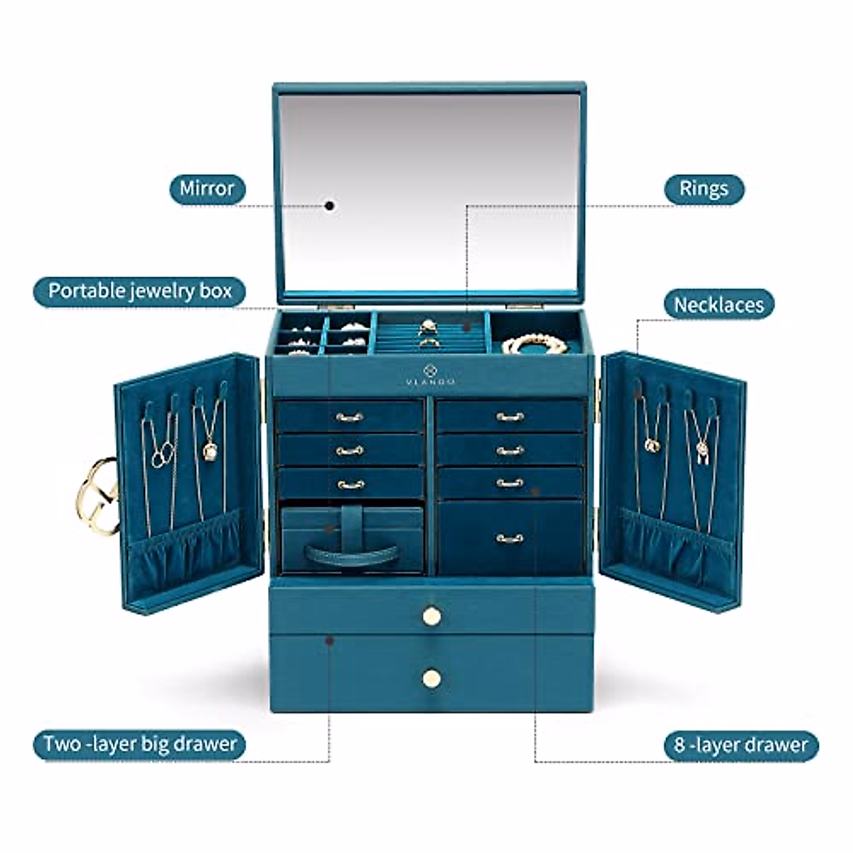 Vlando Jewelry Box Organizer Faux Leather Mirror Jewelry Storage for Women Large Jewelry Eaarring Necklace Watch Rings Boxes Case Christmas New Year Thanksgiving Gift Green