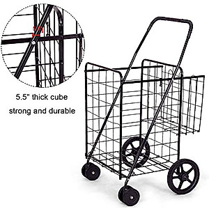 HOMGX Jumbo Folding Shopping Cart w/ 360° Swivel Wheels, Portable Laundry &Utility Cart w/ Double Basket, Space-Saving, Metal Rolling Grocery Cart on Wheels, Heavy Duty Shopping Cart for Groceries