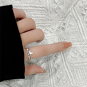 Dtja Layered CZ Heart Promise 925 Sterling Silver Ring for Women Girls Crystal Forever Love Statement Stacking Expandable Open Rings Adjustable Comfort Fit Wedding Valentine Birthday Jewelry Gift