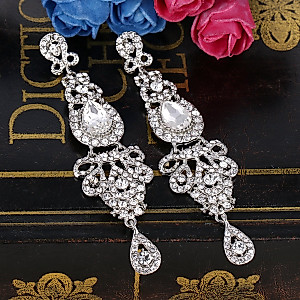 BriLove Women's Wedding Bridal Crystal Art Deco Long Chandelier Dangle Earrings Clear Silver-Tone