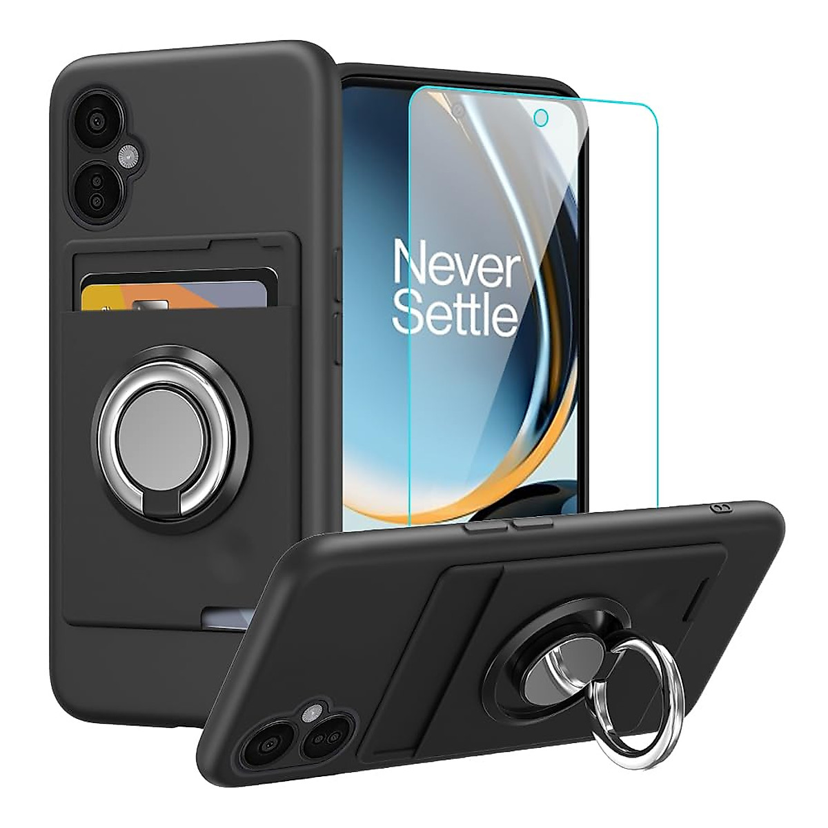 Kaotengwo for OnePlus Nord N30 Phone Case with Card Holder & Ring Stand case for OnePlus / 1+ Nord N30 Cover - Black