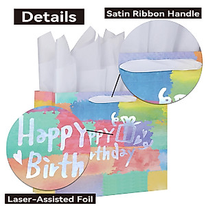 13" Large Colorful Gift Bag Set with Greeting Card and Tissue Papers (Laser Foil 'Happy Birthday’) for Women's or Men's Birthday Party, Boys', Girls', or Kids' Parties, Baby Shower - 13”x5.2”x10.2”, 1 Pcs.