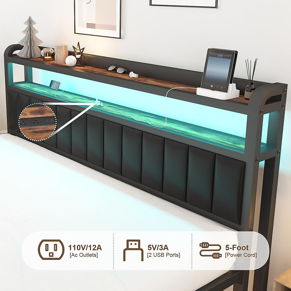 LoVinson Queen Bed Frame with Storage Headboard and LED Sensor Lights, Upholstered Headboard with Charging Station, Metal Platform Bed with Drawers, Noise-Free, Non-Slip, Black