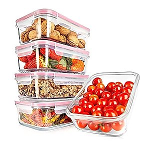NutriChef 5-Piece 30 oz Glass Meal Prep Containers - Stackable BPA-Free Kitchen Storage Containers for Food with Improved Leakproof Snap Lock Lids - Dishwasher, Freezer, & Microwave Safe - Red