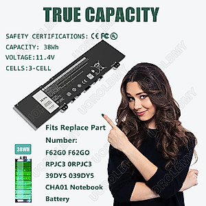 UOROLBMY New 38WH F62G0 39DY5 Laptop Battery for Dell Inspiron13 7000 i7373 7373 7370 7380 7386 2-in-1 P83G P87G P91G P83G001 P83G002 P87G001 Vostro 13 5370 039DY5 0F62G0 RPJC3 0RPJC3 F62GO 11.4V