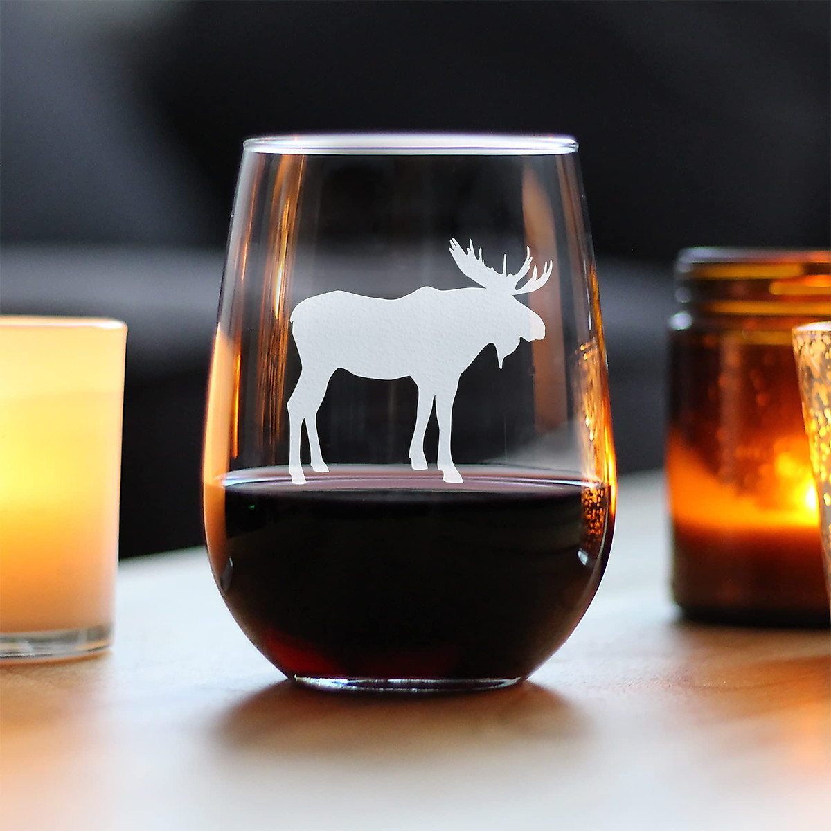 Moose Silhouette - Stemless Wine Glass - Cabin Themed Gifts or Rustic Decor - Large 17 Ounce