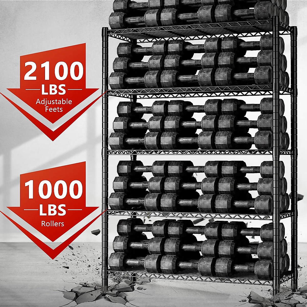 REIBII 72''W Wire Shelving Loads 2100LBS,5 Tier Metal Shelving with Adjustable Storage Shelves 36''W Garage Shelving Heavy Duty with Wheels Metal Shelves for Storage Rack 2PC,76''HX36''WX16''D