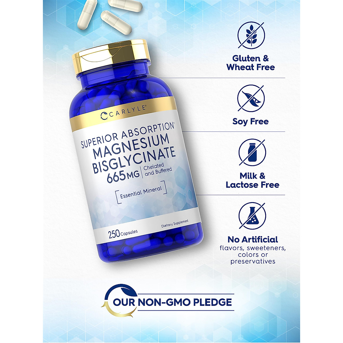 Carlyle Buffered Magnesium Bisglycinate 665 mg | 250 Capsules | Chelated Essential Mineral | Non-GMO and Gluten Free Supplement