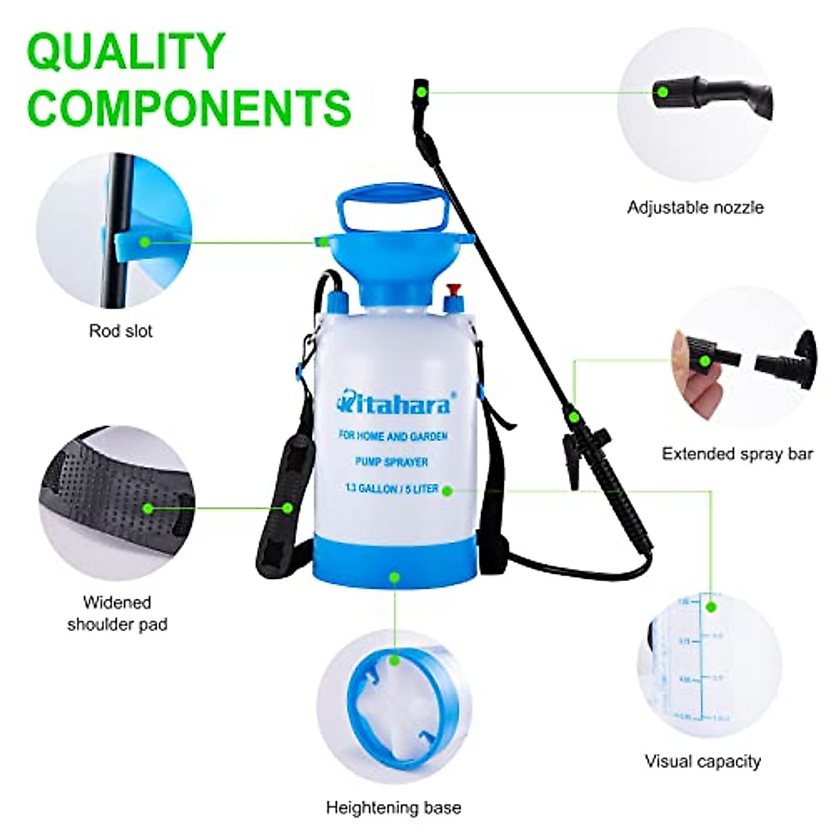 Kitahara 1.3 Gallon Garden Pump Pressure Sprayer with Pressure Relief Valve, Adjustable Shoulder Strap and Nozzles, for Yard Lawn Weeds Plant Water