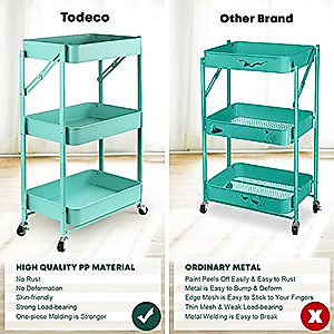 Todeco 3 Tier Foldable Plastic Rolling Storage Utility or Kitchen Cart ,Folding Mobile Trolley Storage Organizer with Wheels for Office Bathroom Bedroom,Free Assembly,Green