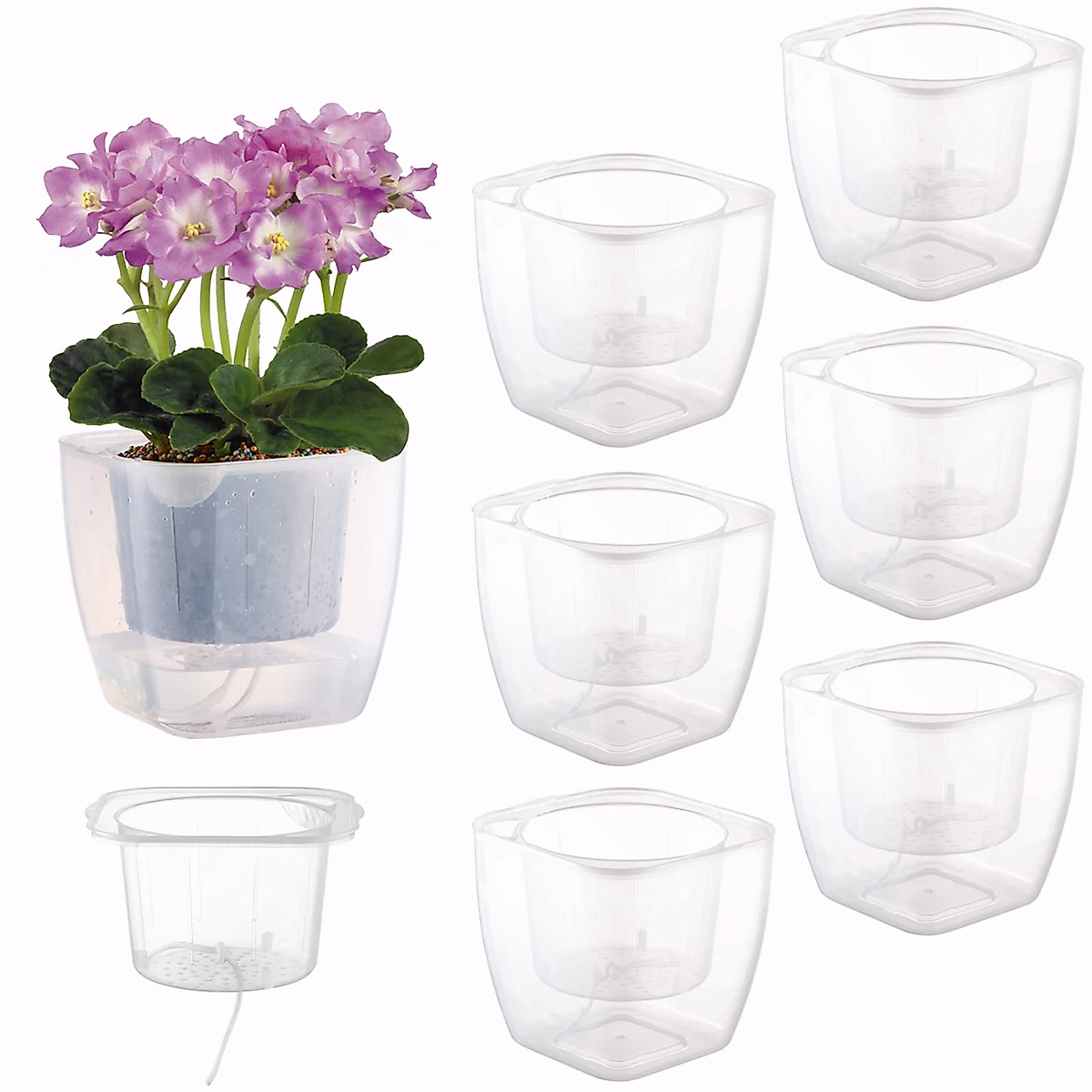 6-Pack Clear Self Watering Planters for Indoor Plants 7" Large African Violet Plant Pots Plastic Wick Flower Pots with Water Injection Hole, Orchid Plant Pot Set, Clear