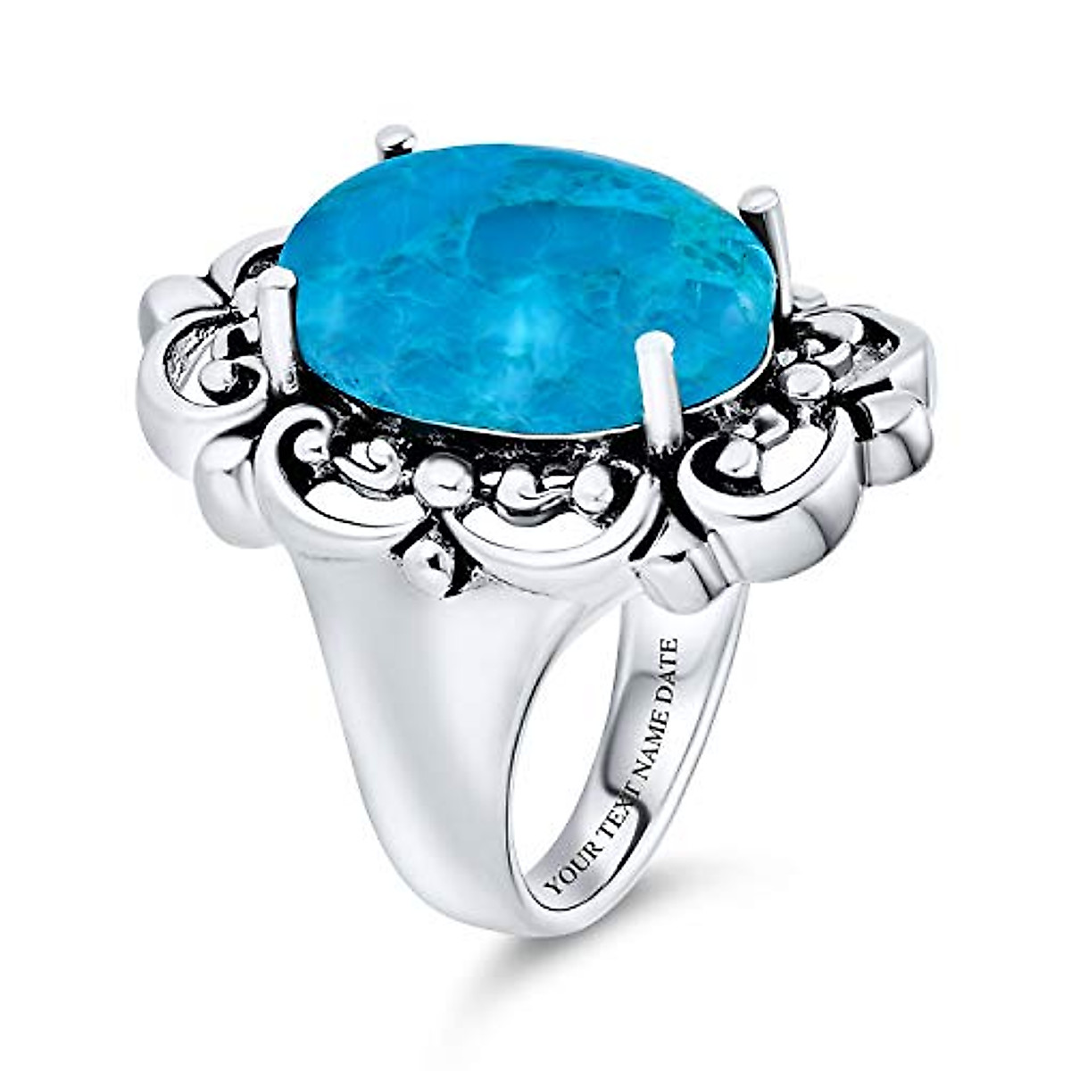 Personalize Western Jewelry Boho Vintage Style Large Gemstone Filigree Oval Cabochon Armor Full Finger Statement Blue Turquoise Ring For Women Oxidized .925 Sterling Silver Customizable