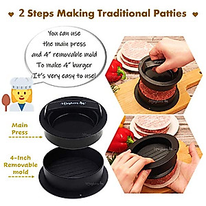 Meykers Burger Press Hamburger Press Patty Maker - with 100 Wax Papers Hamburger Patty Press Burger Mold Non-Stick 3-in-1 for Stuffed Cheeseburger Slider Burger Stuffer Beef Cheese Halal Vegan Grill