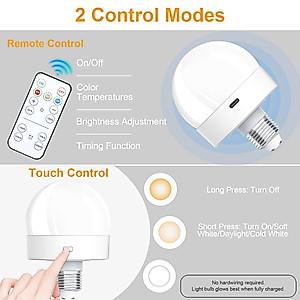 Rechargeable Battery Operated Light Bulbs, 300LM E26 Screw in (Magnetic Detachable) Light Bulb for Lamps with Remote Control Dimmable＆Timer, Wireless Puck Emergency Lamp for Non-Hardwired Wall Sconce