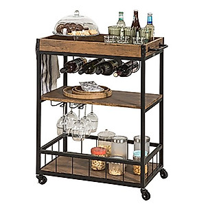 Haotian FKW56-N, Bar Serving Cart, Home Myra Rustic Mobile Kitchen Serving cart with Removable Tray, Industrial Vintage Style Wood Metal Serving Trolley (Brown)