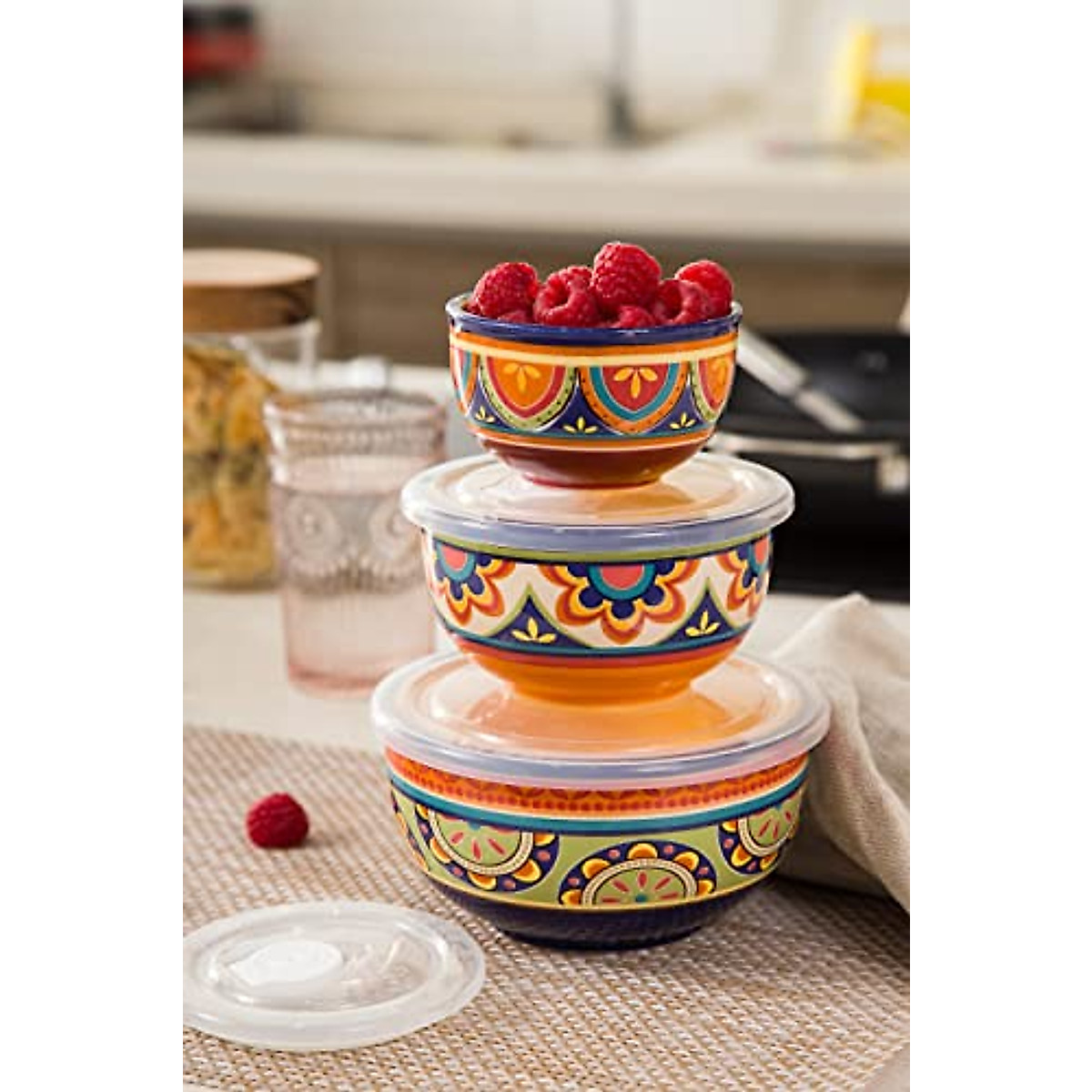 Bico Tunisian Ceramic Bowl with Air Tight Lid Set of 3(27oz, 18oz, 9oz each), Prep bowls, Food Storage Bowl for Salad, Snacks, Fruits, Microwave and Dishwasher Safe