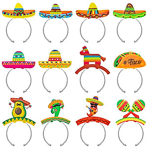 12 PCS Colorful Patterned Cardboard Sombrero Hats, Fiesta Headbands for Mexican Theme Celebration Party Favors