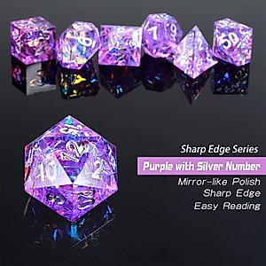 DNDND Sharp Edge Dice Set,Handmade 7 Piece DND Dice with Gift Case for DND Dungeons and Dragon Game (Purple with Silver Number)