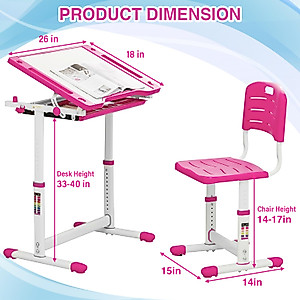 Ruesleag Kids Desk Chair Set,Children’s Study Desk Multi-Func Height Adjustable Desk and Chair School Writing Computer Table w/Pull Out Drawer Storage 45°Tilted Desktop for School Home Boys&Girls,Pink