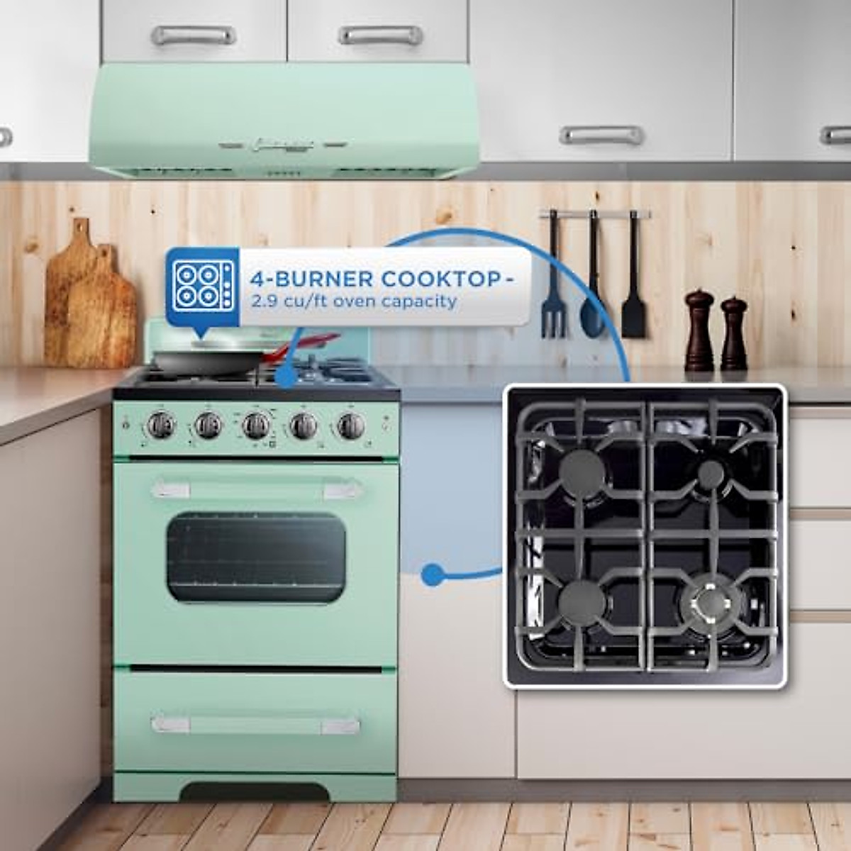 Unique Appliances UGP-24CR LG Classic Retro Freestanding Gas Convection Oven Light, Range with 4 Burners, 24", Summer Mint Green