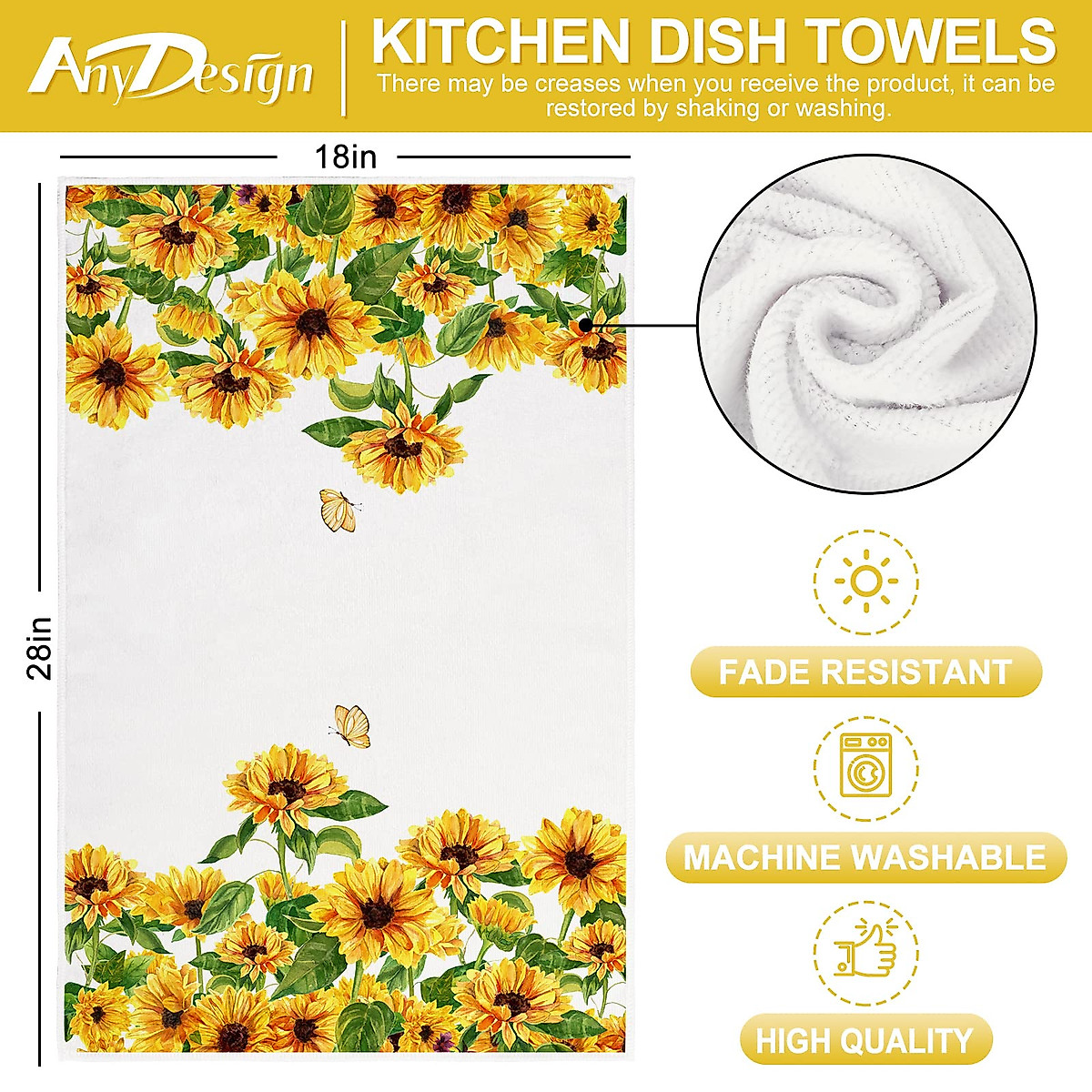 AnyDesign Sunflower Kitchen Towel Home Sweet Home Floral Dish Towel Spring Summer Flower Butterfly Hand Drying Tea Towel for Seasonal Cooking Baking Cleaning, 18 x 28 Inch, 2 Packs