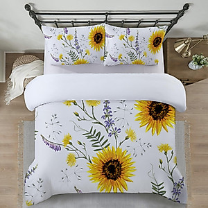 Tokokimo Sunflower Duvet Cover Queen Size White Floral Duvet Cover Set for Women Girl 1 Duvet Cover with 2 Pillowcases, Queen Size