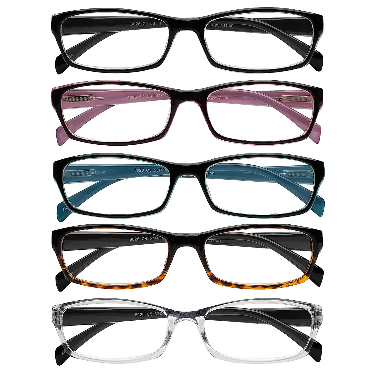 Yogo Vision Reading Glasses 5 Pairs Fashion Ladies Quality Designed Spring Hinge Readers for Women Set of Black Clear, Red Pink, Blue Light Blue, Havana Black, Transparent Black 1.25