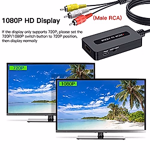 Male RCA to HDMI Cable Converter with HDMI and RCA Cables, CVBS Composite AV to HDMI Converter, RCA in HDMI Out Adapter, Full HD 720P/ 1080P Output Switch for DVD, STB, Roku with Female RCA Output