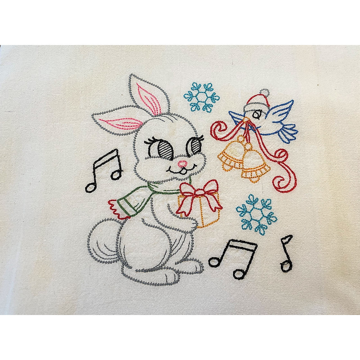 Christmas embroidered flour sack tea towel, Christmas bunny, vintage pattern, 1 in set of 7 designs, machine embroidery