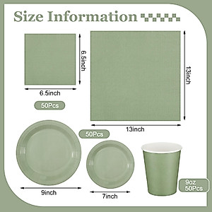 Dandat 200 Pcs Sage Green Dinnerware Set Sage Party Supplies 50 Pcs 7'' Disposable Plates 50 Pcs 9'' Paper Plates 50 Pcs Paper Cups 50 Pcs Napkins for Birthday Baby Shower Wedding Party (Sage Green)