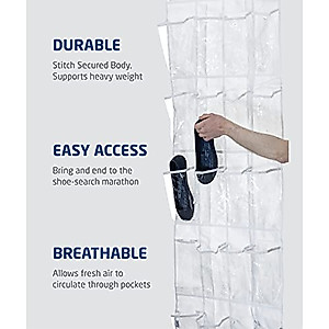ZOBER Over The Door Shoe Organizer - 24 Breathable Pockets, Hanging Shoe Holder for Maximizing Shoe Storage, Accessories, Toiletries, Laundry Items. 64in x 18in (White, Clear)