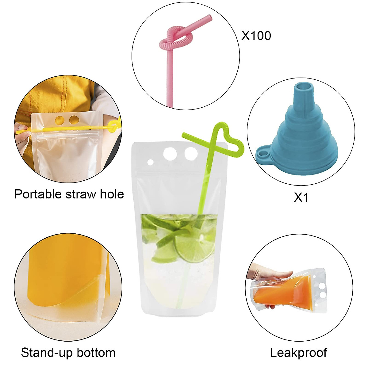 Enkrio 100Pcs Drink Pouches for Adults Clear Drink Pouches with Straws Juice Pouches for Adults Plastic Drink Bags Stand up Hand-held Zipper Smoothie Bags with 100 Straws & Silicone Funne
