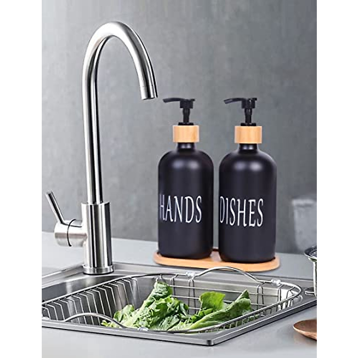 Glass Kitchen Soap Dispenser Set, Both Glass Soap Dispensers Equipped with Pumps& Bamboo Tray (Matte Black + Old Style Charactor)
