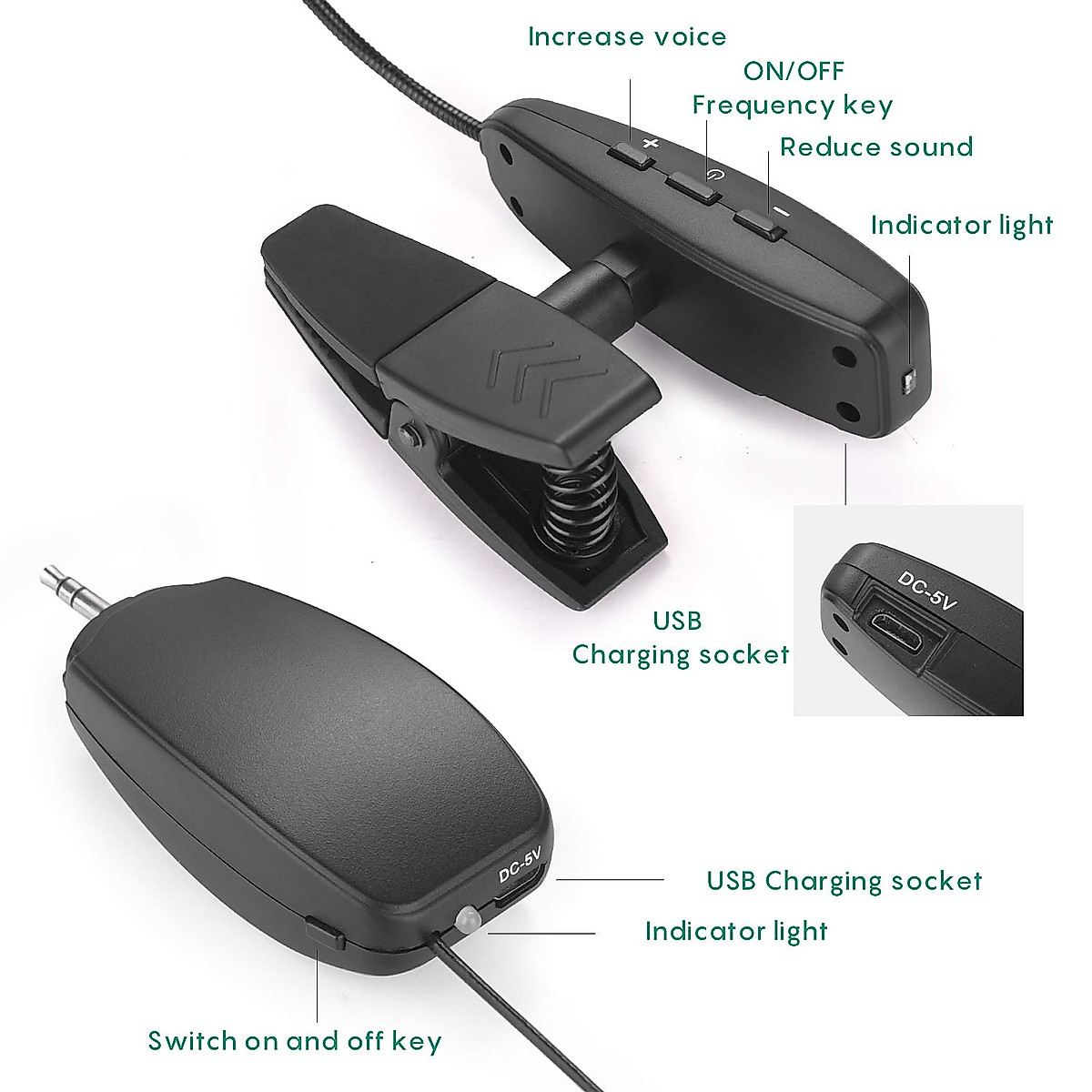 Wireless Instrument Microphone,UHF Clip Condenser Mic,for Horns,Trumpets,Clarinets, Saxophones, Cello, Computer, Phone, Speakers, Voice Amplifier 131ft Range, 1/8 and 1/4'' Port