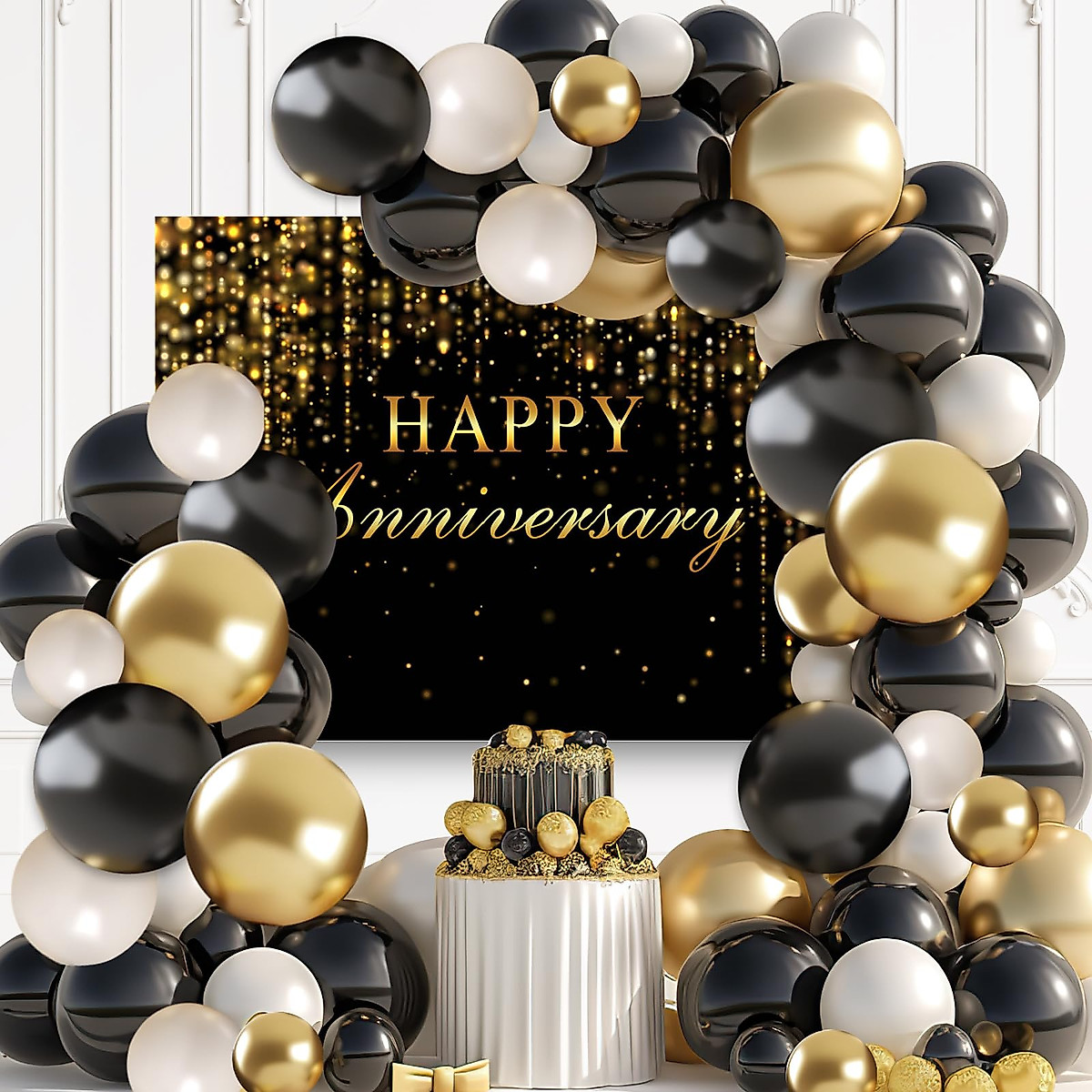 Mocsicka Black and Gold Happy Anniversary Backdrop Gold Glitter Bokeh Spot Wedding Anniversary Bridal Shower Party Decorations Cheers to Wedding Miss to Mrs Photography Background (Gold, 7x5ft)