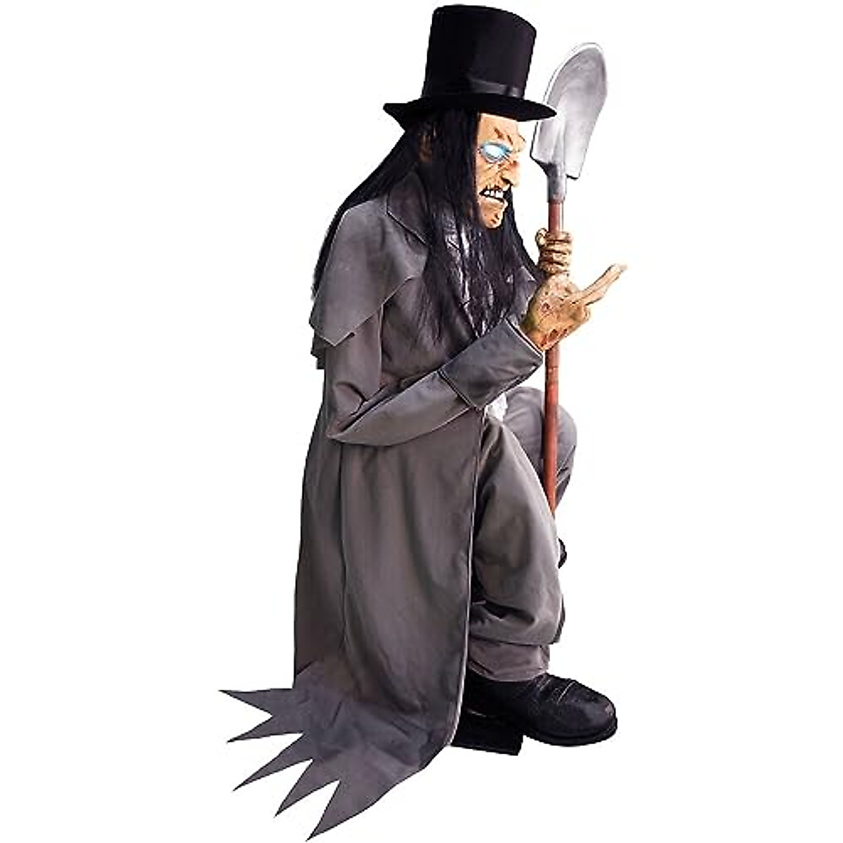 Haunted Hill Farm Motion-Activated Crouching Grave Digger by Tekky, Talking Scare Prop Animatronic for Indoor or Covered Outdoor Creepy Halloween Decoration, Plug-in or Battery Operated