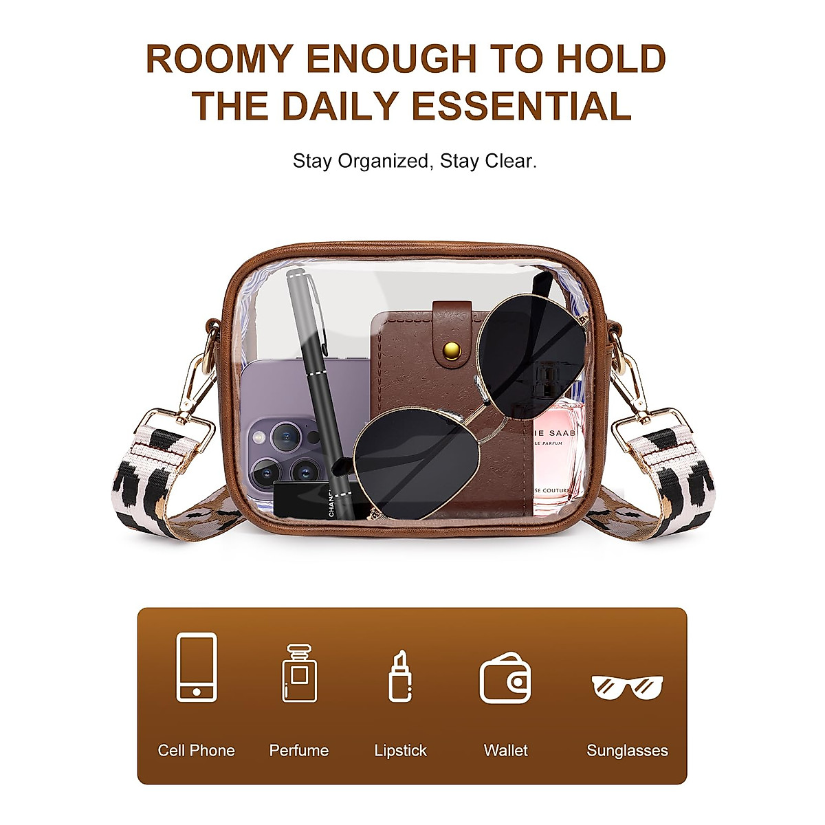 Vangue Upgrade TPU Clear Purse for Women Stadium Approved, Clear Crossbody Bag with Adjutable Strap, Transparent Leather Bag for Sports Concerts Events Festivals