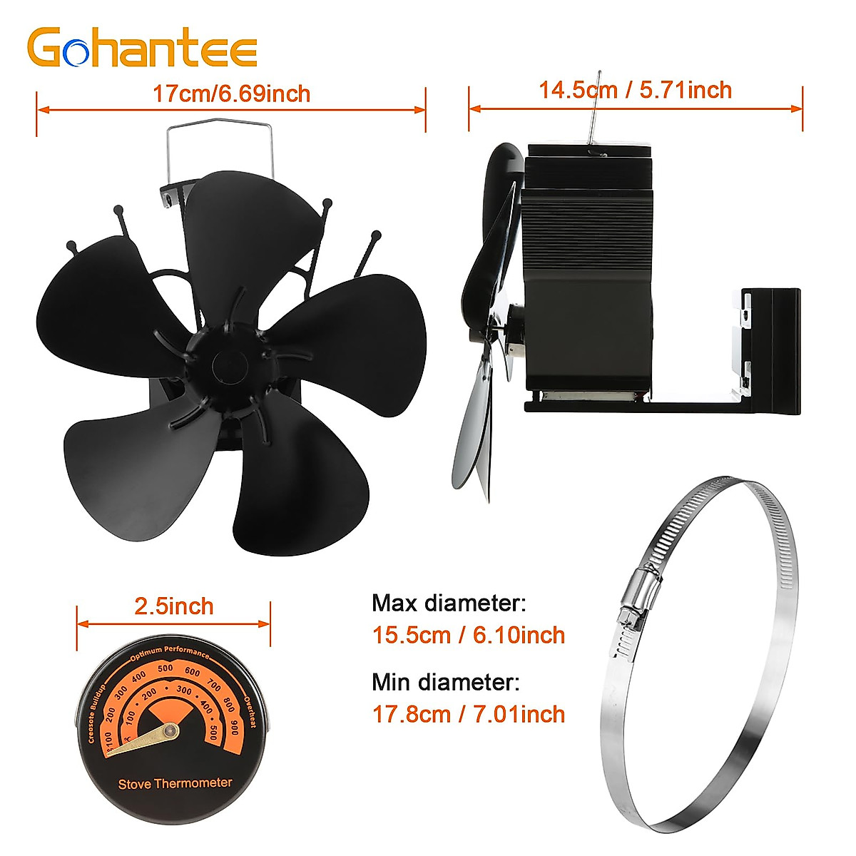 gohantee 5 Blades Stove Fan Heat Powered Fireplace Fan Hanging on Chimney Pipe for Wood Log Burner Fireplace Slient Efficiently Heat Distribution Eco-Friendly with Thermometer