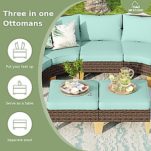 MFSTUDIO 12 Pieces Extra Large Wicker Patio Furniture Set, Rattan Outdoor Half-Moon Sectional Sofa Curved Patio Conversation Set, 8 x Curved Sofa, 2 x Armless Sofa, 2 x Ottoman(Aqua Blue Cushion)
