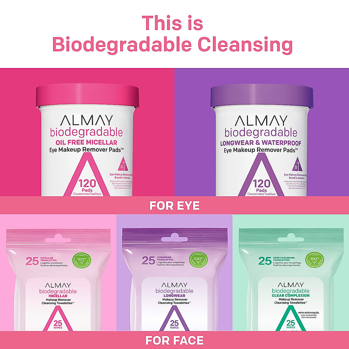 Almay Biodegradable Makeup Remover Pads, Micellar Gentle, Hypoallergenic, Fragrance-Free, Dermatologist & Ophthalmologist Tested, 120 Count
