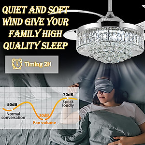 Panghuhu88 36" Invisible Ceiling Fan Chandelier Light,Modern Crystal Ceiling Fan Light Remote Control 4 Retractable ABS Blades for Bedroom Living Room Dining Room Decoration (Silver)